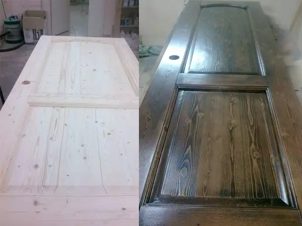 Porta de fusta abans i després de la tinció