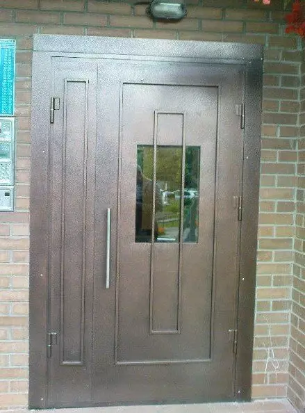 Puertas metálicas de entrada con inserto de vidrio.