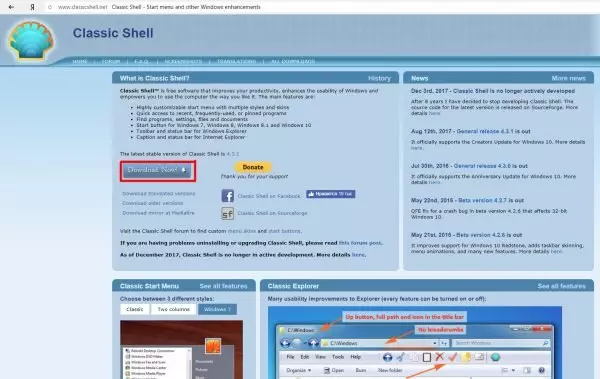 Faqja zyrtare e shkarkimit të programit shell klasik