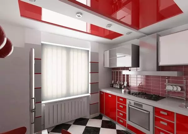 Bijelo-crveno rastezanje plafona u kuhinji visokotehnološki
