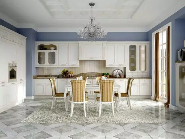 Französisch-Küchen-Innenraum: Design-Musterdesign, Farb- und Materialauswahl, Dekoration, Möbel, Zubehör, Foto, Video