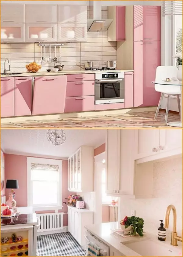 रसोई में पेस्टल-गुलाबी रंगों के उपयोग का एक उदाहरण