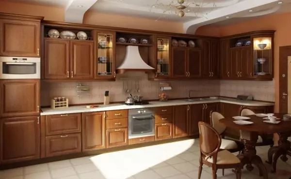 Køkken design i brune toner i interiør, farvekombinationer og harmoni, foto ideer
