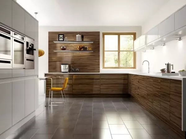 Дрвени смеђи детаљи у кухињи у стилу минимализма