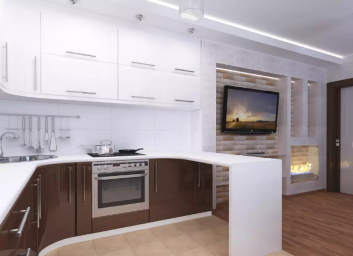 Brown-white kitchen sa studio apartment.