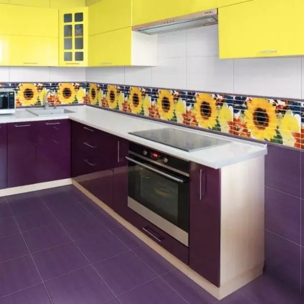 Purple ceramic tile in the kitchen with bright apron