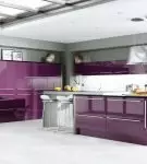 Spacious kitchen with purple island and white ceiling