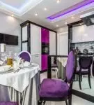 Luxury kitchen-dining room with purple curtains and furniture