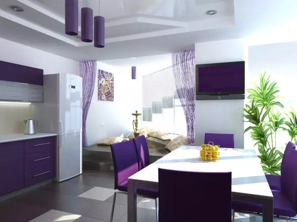 Keuken-eetkamer in wit-paarse tinten