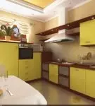 黄色のキャビネットのファサードを持つlaconicキッチン