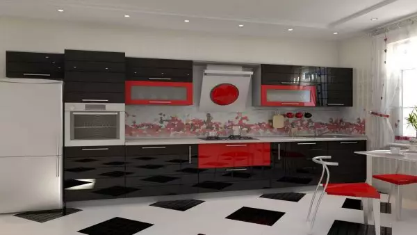 Czarno-biała kuchnia z czerwonymi przedmiotami