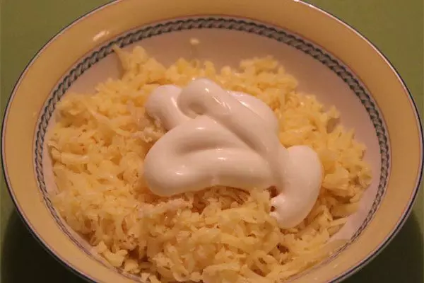 Krullende stevige kaas in een bord met mayonaise