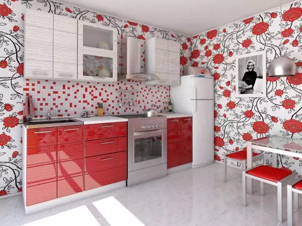 Bright bakgrunnsbilde på kjøkkenet med et hvitt-rødt hovedkort