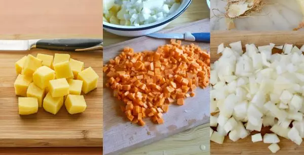 Le patate, le carote e le cipolle sono tagliate a cubetti