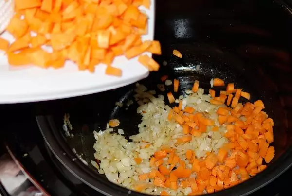 Carrots and onions lay out in a slow cooker
