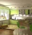 Interjers ar zaļām mēbelēm virtuvē