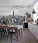 Wall mural in the kitchen with white furniture