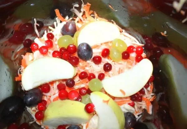 Những lát táo, cranberries và nho trong bể chứa với bắp cải và cà rốt