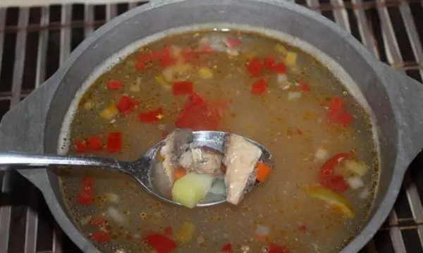 Pan s juhom i komadom ribe u metalnoj žlici
