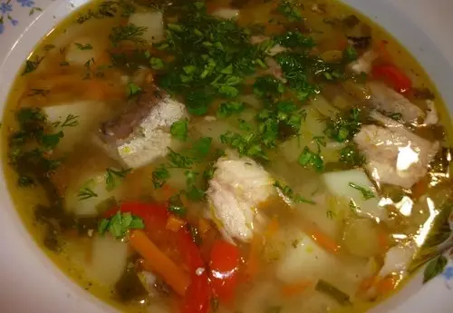 Riblja juha s rižom, povrćem i zelenilom u tanjuru