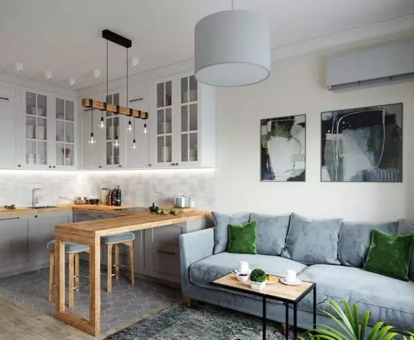 Fényes konyha-nappali skandináv stílusban megvilágított fülhallgatóval