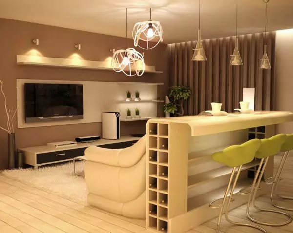 سفید فرنیچر کے ساتھ باورچی خانے کے رہنے کے کمرے میں روشن کرسیاں