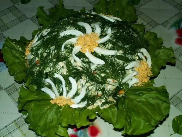 Salat auf einem Teller, verziert mit gekochten Eiern und Grünen