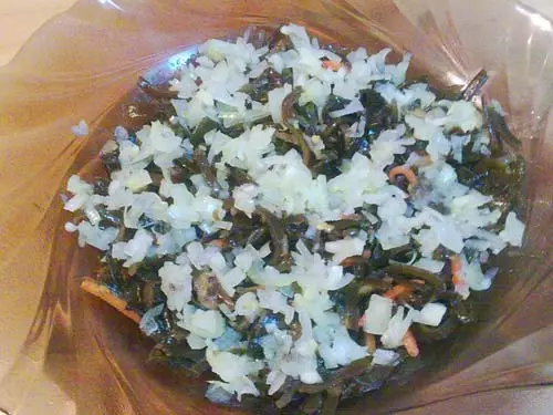 海洋白菜和切好的洋蔥在沙子玻璃沙拉碗