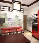 Čínský styl kuchyně interiér s červenými předměty