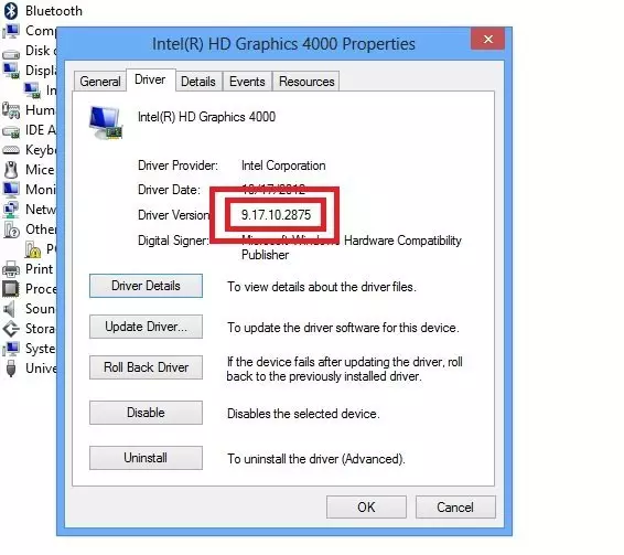 Propiedades del controlador instalado Intel en Windows
