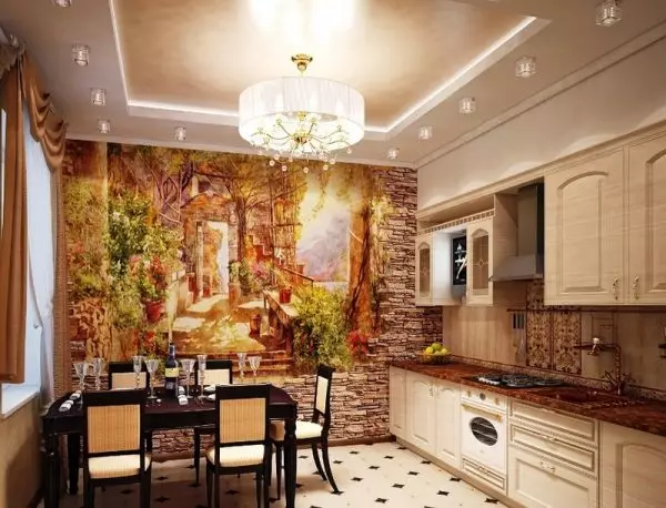Wall mural in warm colors in classical kitchen