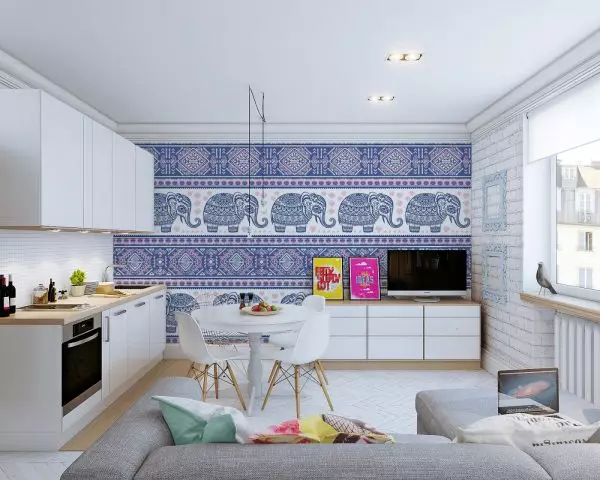 Dapur dengan wallpaper foto dalam gaya Skandinavia