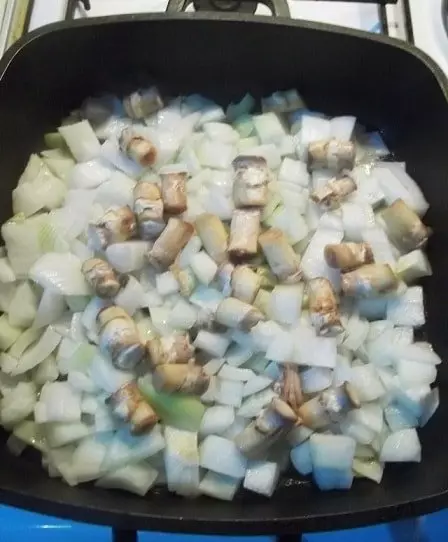 Κρεμμύδια και μανιτάρια σε ένα τηγάνι