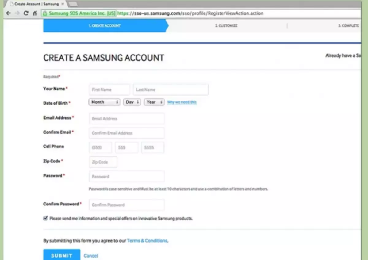 Bir hesab yaratmaq Samsung