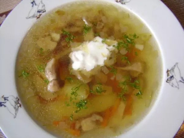 Грибний суп зі сметаною і свіжим кропом в порціонної тарілці