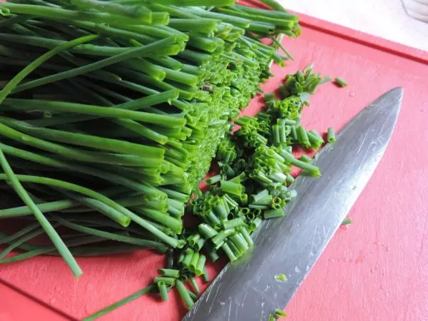 Зелени лук и нож на црвеној плочи за сечење