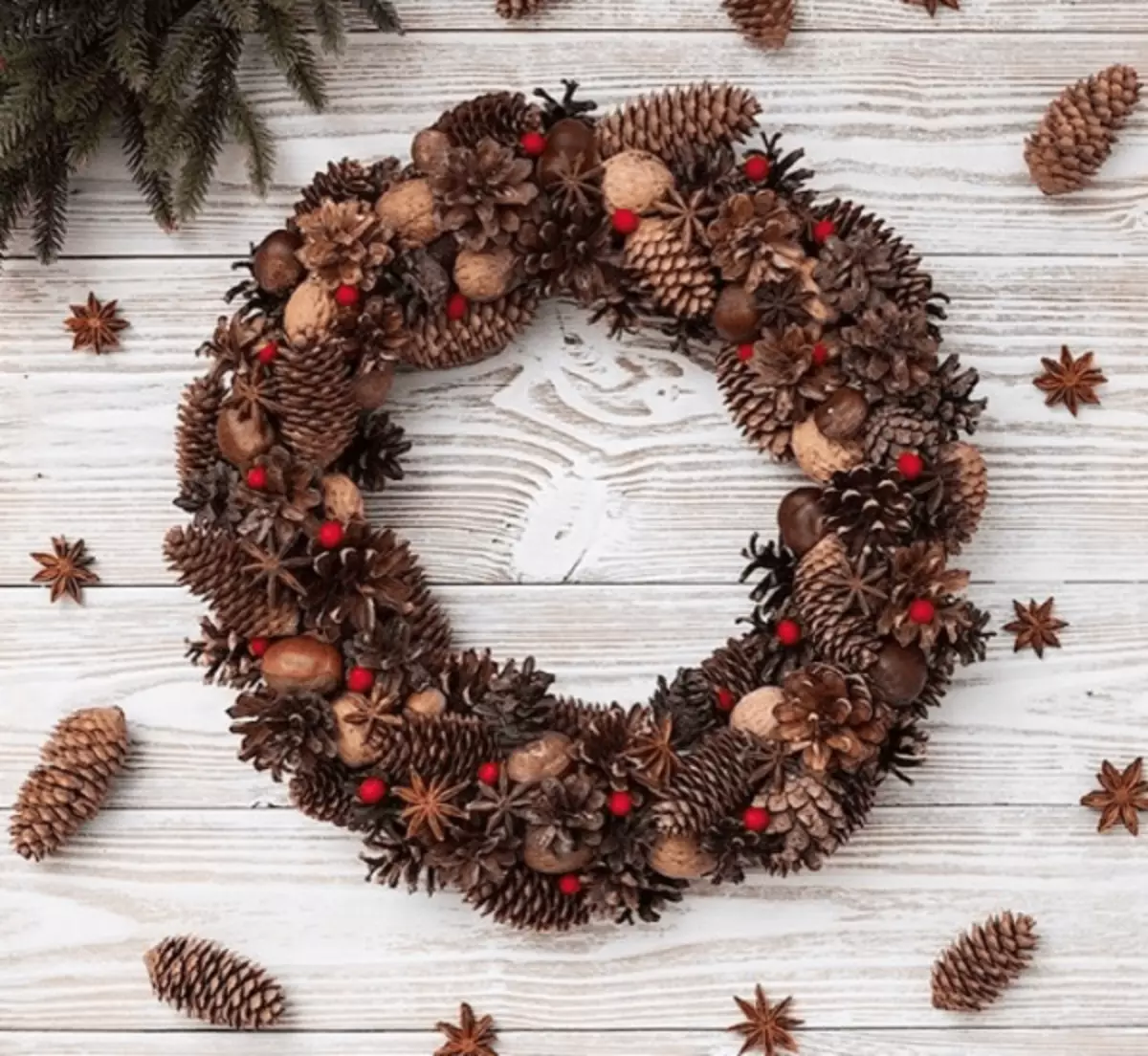 Festive wreath of cones with walnuts, chestnuts and badyan