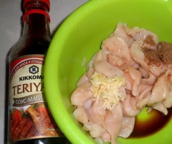 Gesneden rauwe kippenborsten met teriyaki saus en knoflook in een groene plastic kom