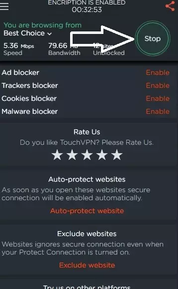 VPN prozor za proširenje za preglednik Google Chrome s namjenskim gumbom za isključivanje