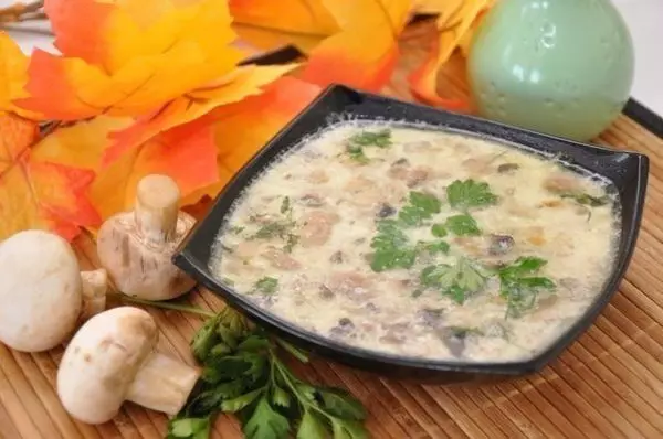 Cheese soup with mushrooms and fresh parsley in a plate on the table