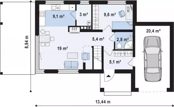 Plan del primer piso de una casa de dos pisos con un garaje.