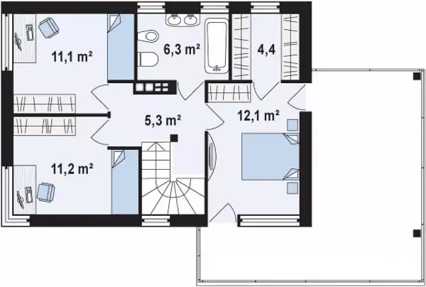 Plan del segundo piso con terraza y tres dormitorios.