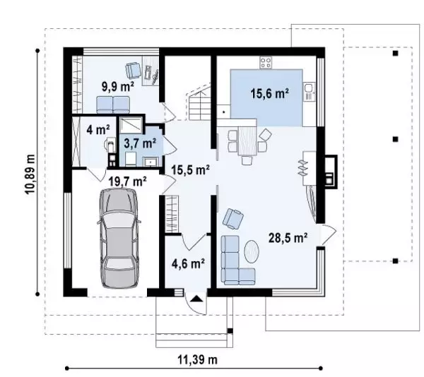 Plano do primeiro andar de uma casa de dois andares com uma garagem integrada