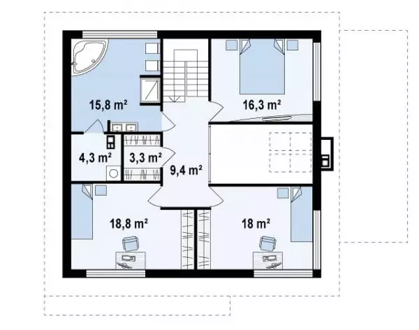 Beplan van die tweede verdieping van 'n twee-verdieping huis met 'n ingeboude motorhuis