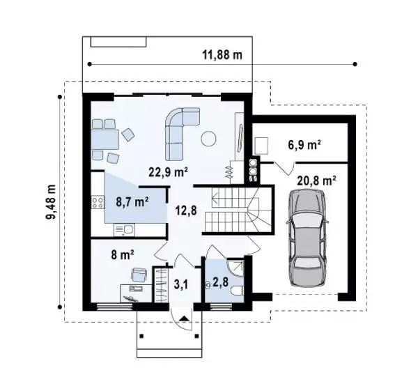 Plano do primeiro andar em casa com uma garagem integrada