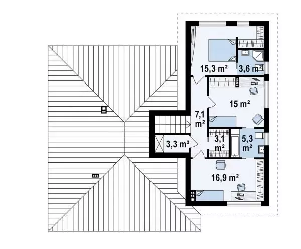 Plan of the second level of the house with the basement