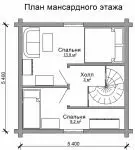 İki yatak odası ve bir hollar ile bir diyagram üzerinde Mansard düzenlemesi