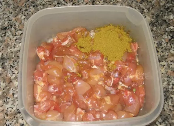 Stykker af kyllingekød med krydderier i en plastikbeholder