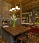 Kitchen in style chalet with fireplace