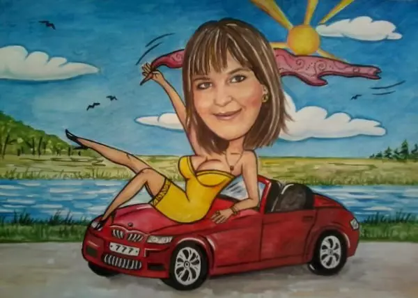 Kreskówka: dziewczyna siedzi na czerwonym kapturze samochodu na tle morza